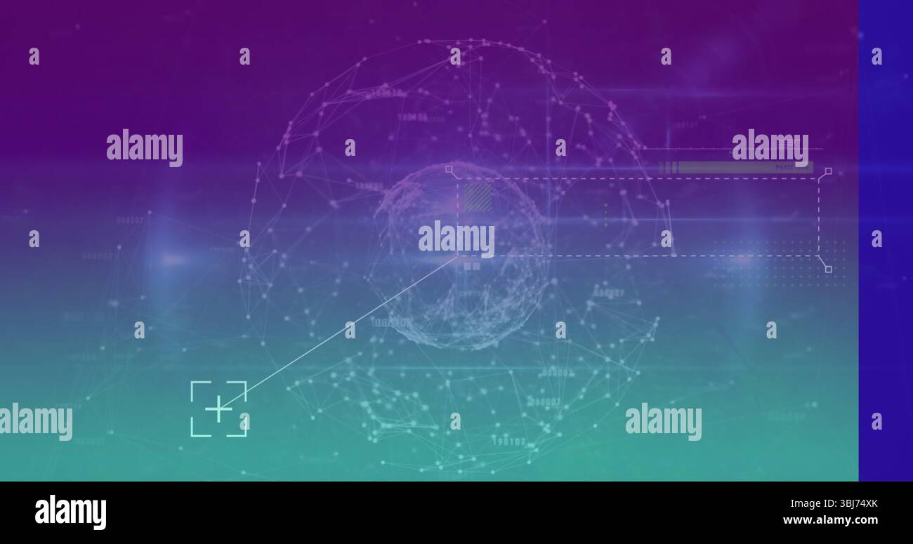 Rotating network sphere in interface, highlighting data segment with target marker, dashed ...