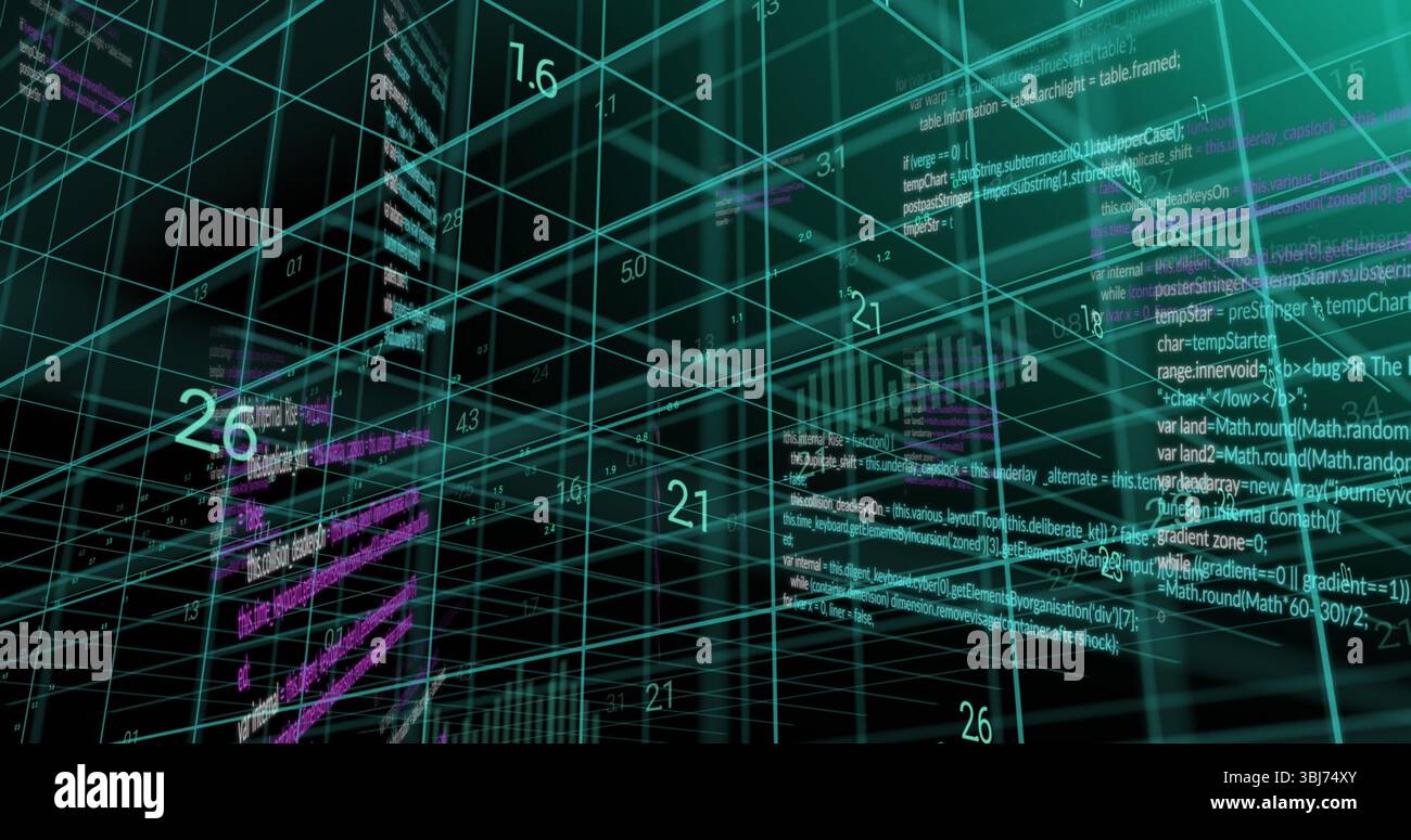 Displaying glowing turquoise 3D grid in dark virtual space, with floating numeric labels and ...