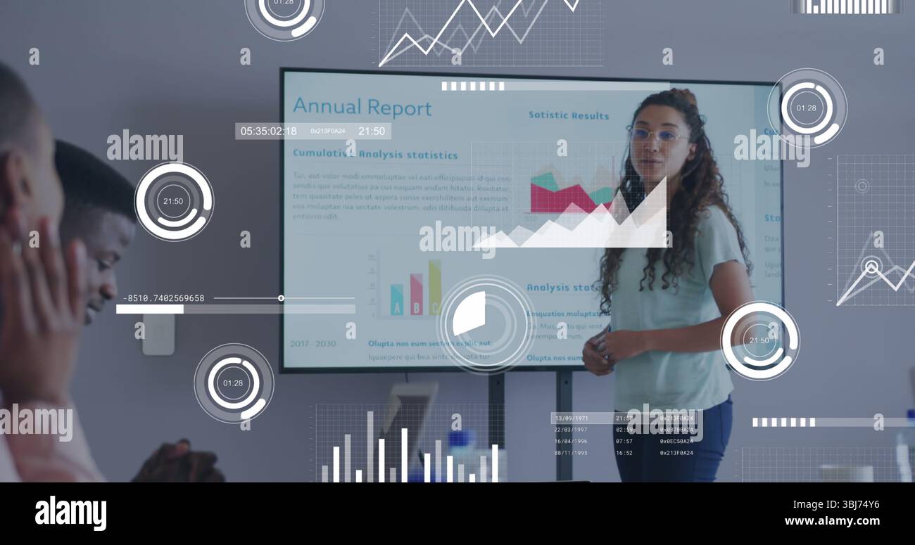 Woman in green blouse presenting data on display in conference room ...