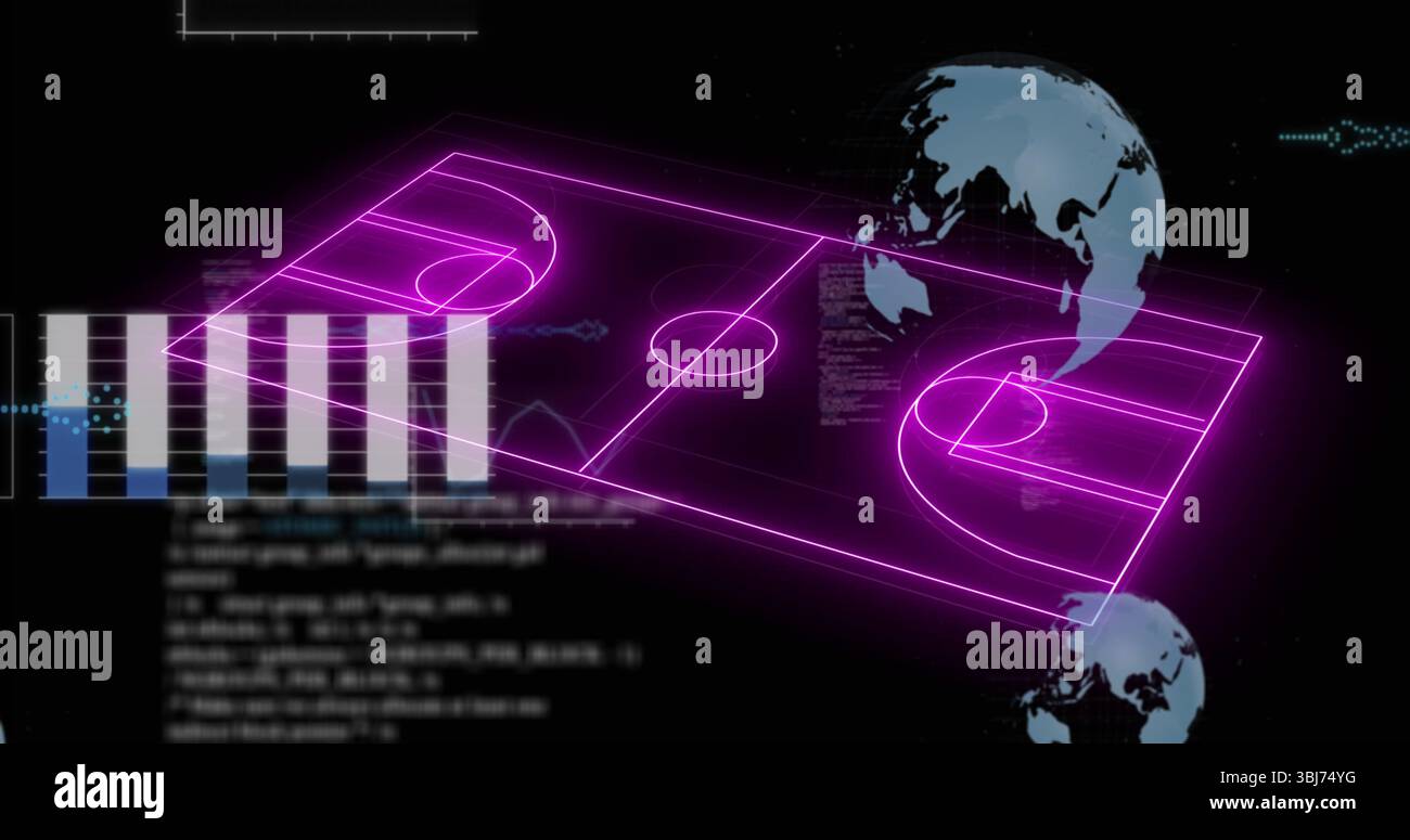 Floating neon purple 3D basketball court wireframe in UI, with scrolling code, bars, globe and ...