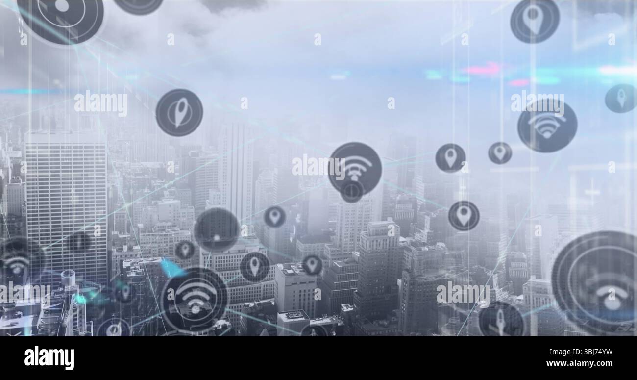 Floating network icons linking skyscraper cluster at downtown aerial view, glowing digital ...