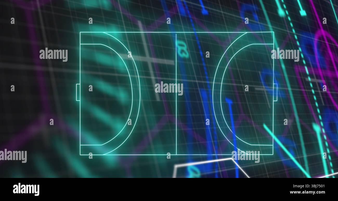 Displaying neon turquoise basketball half court outline on interface ...