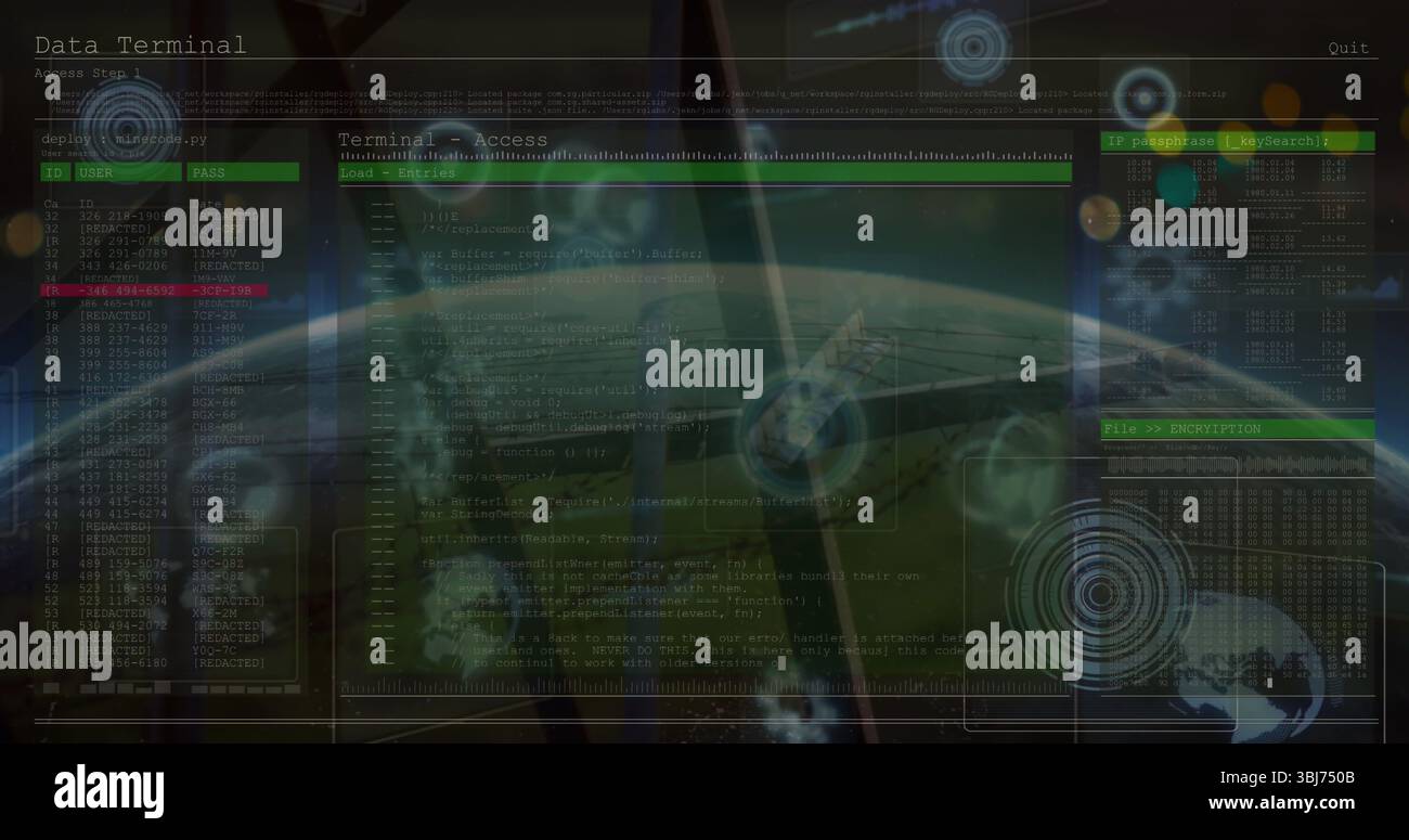 Displaying terminal interface overlay on orbital station view, with code logs and Earth globe ...