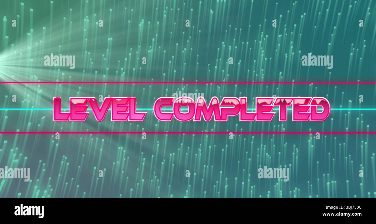 Displaying neon pink 3D LEVEL COMPLETED text on teal matrix background ...