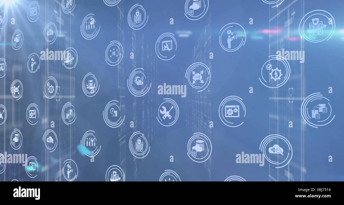 Displaying floating icons overlaying server racks, with cloud chart and ...