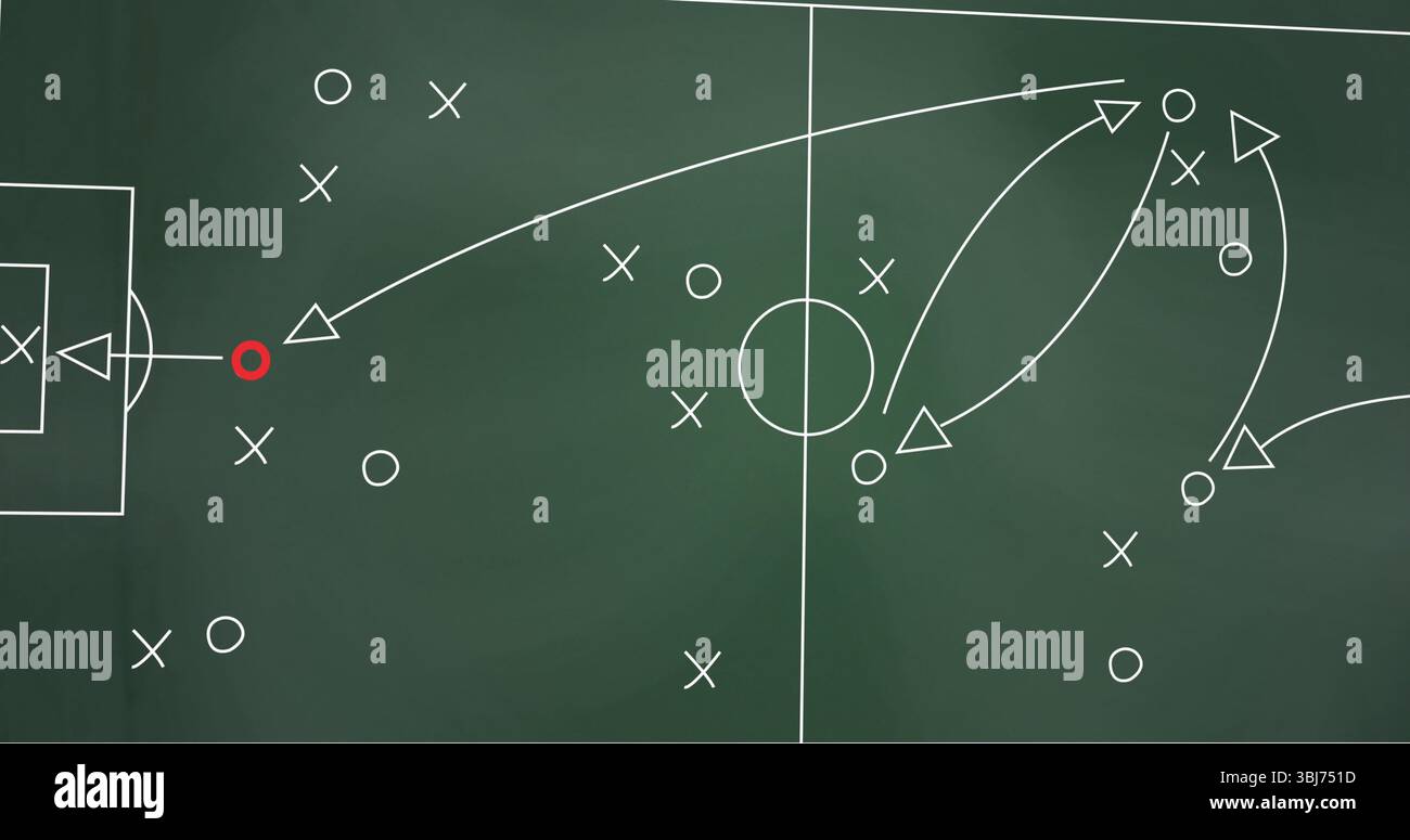Soccer diagram showing passes on chalkboard in meeting room, with X O ...