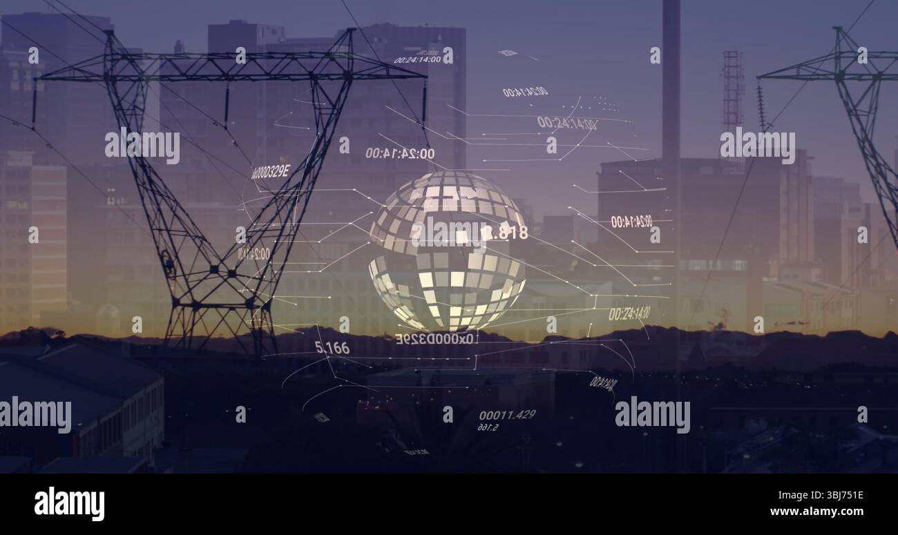 Floating holographic digital globe appearing over industrial area at ...