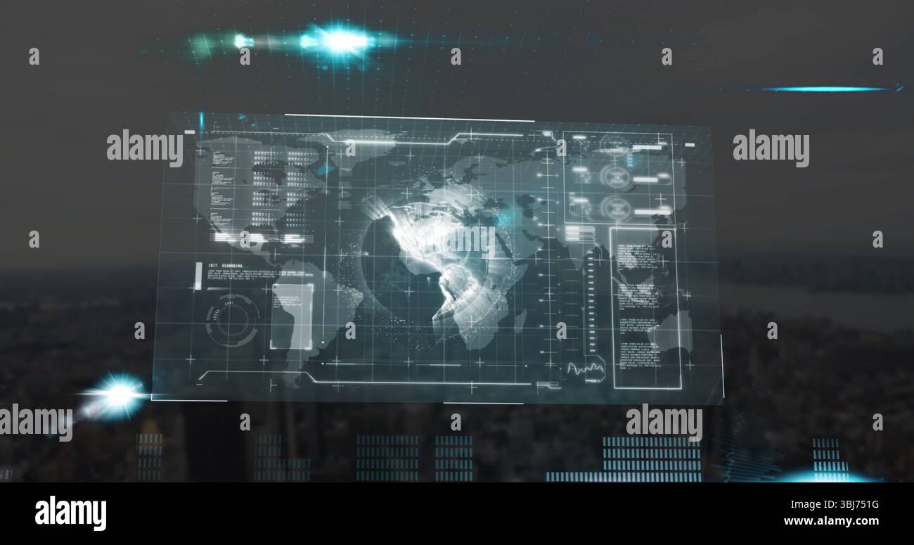Projecting holographic world map display over skyline at dusk, with data panels and grid overlay ...