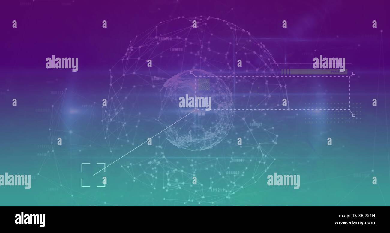 Displaying central wireframe globe rotating on dashboard, with dashed UI overlays and node ...