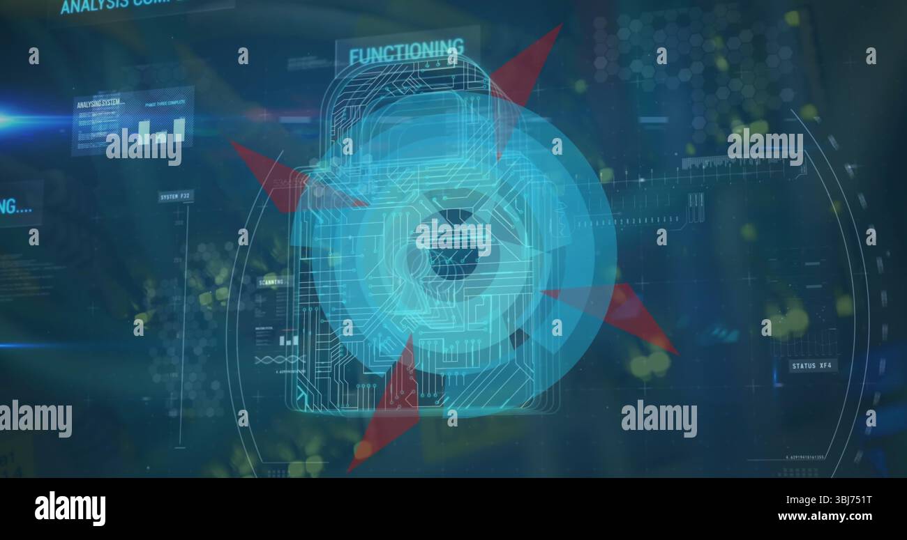 Displaying holographic grids with padlock icon floating over virtual interface, with data panels ...