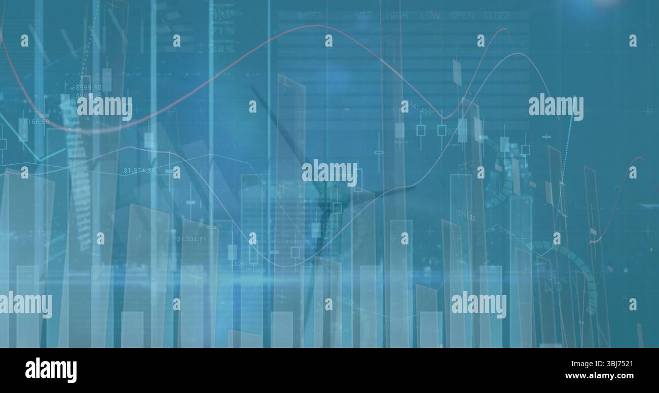 Showing translucent skyline rising in data grid, with financial charts ...