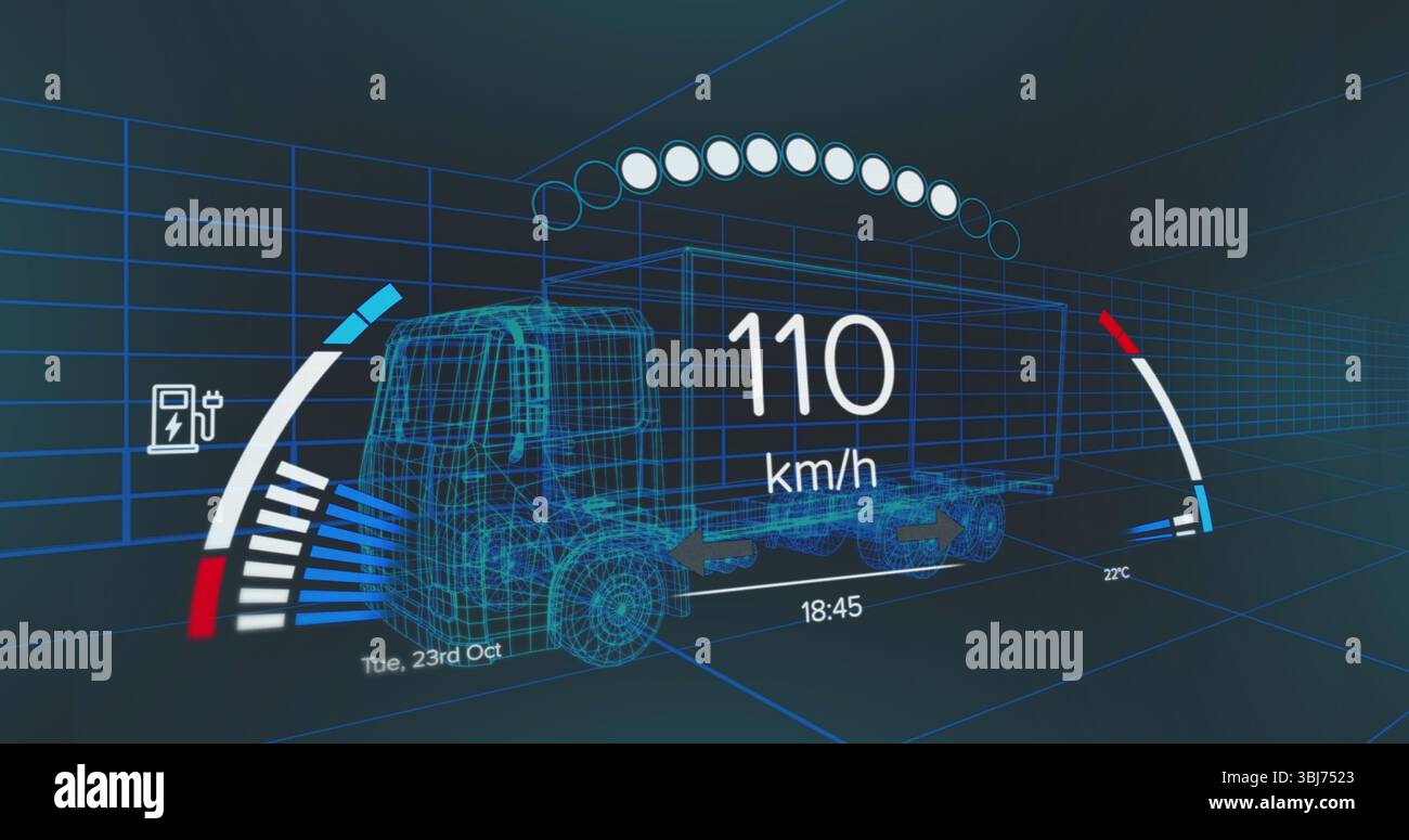 Projecting blue wireframe cargo truck model rotating in 3D grid, with speed and energy gauges ...