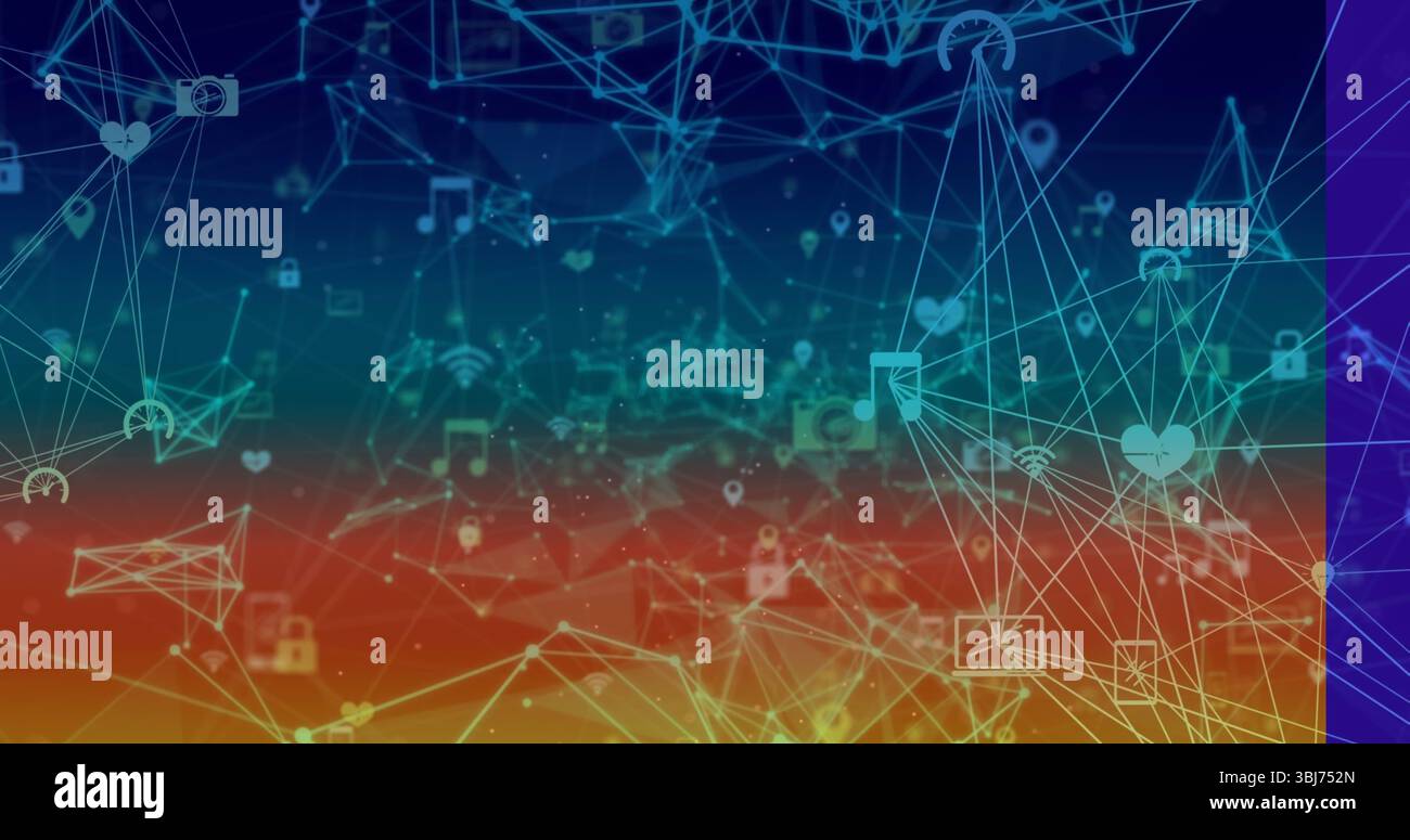 Displaying mesh connecting nodes in cyberspace, with tech icons like ...