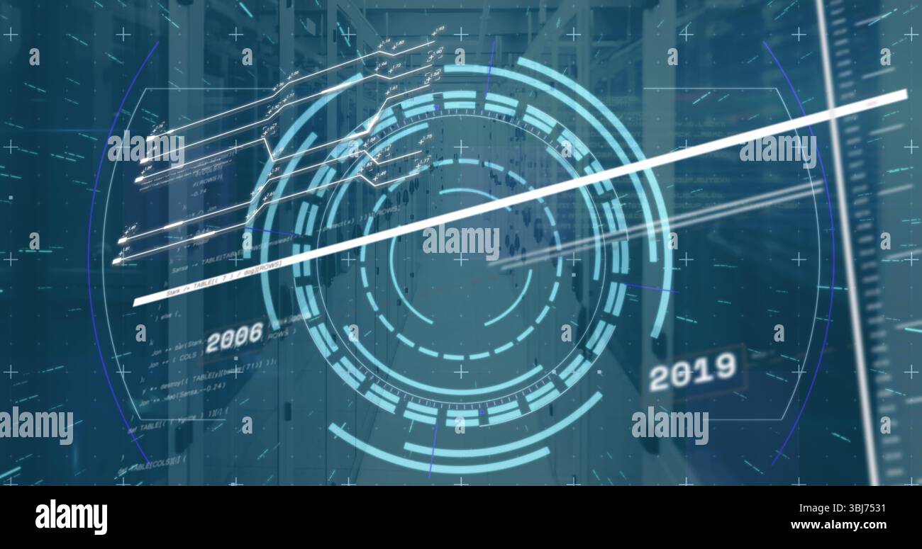 Projecting round HUD over data center racks, with rings, radial markers, streaks, code, year ...
