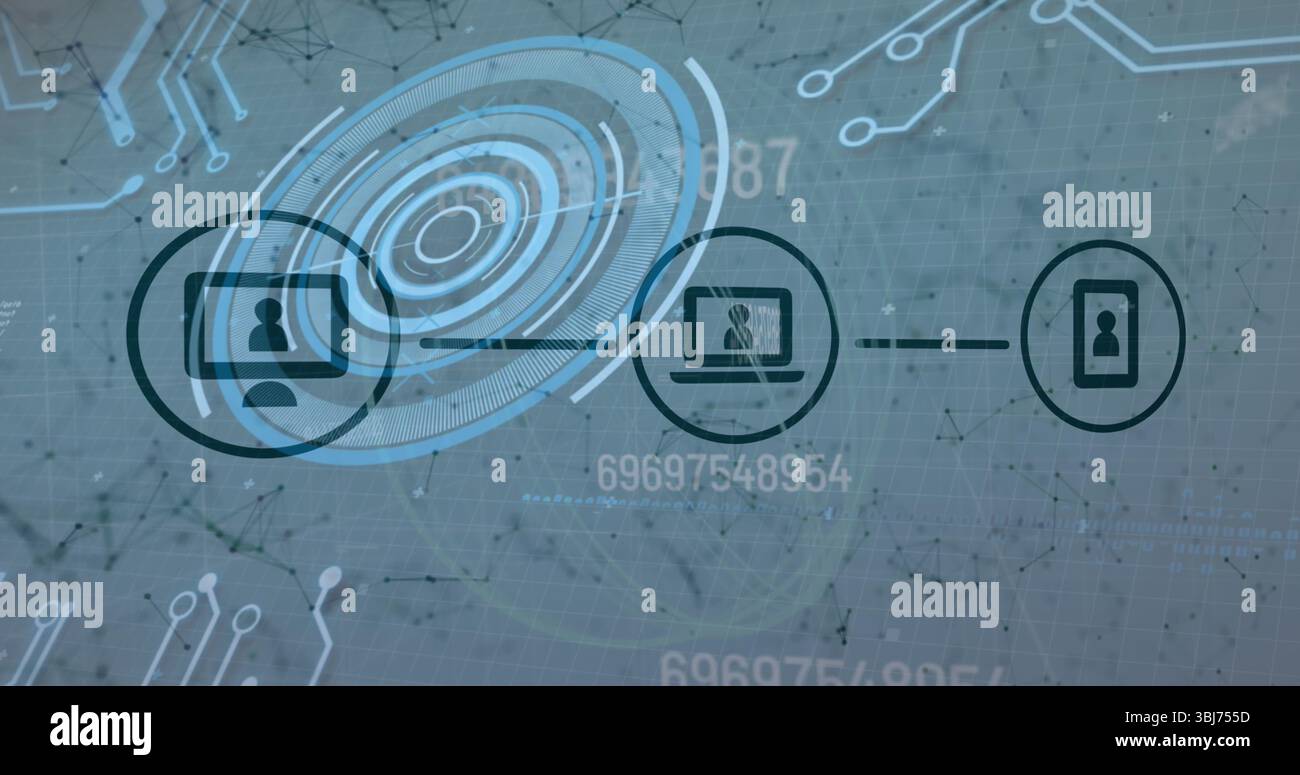 Linking desktop, laptop, smartphone icons on data grid, with circuit ...
