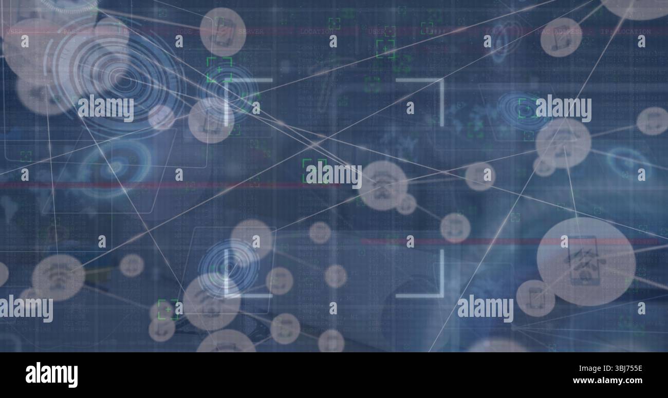 Displaying network nodes linked by lines on grid, with map outlines ...