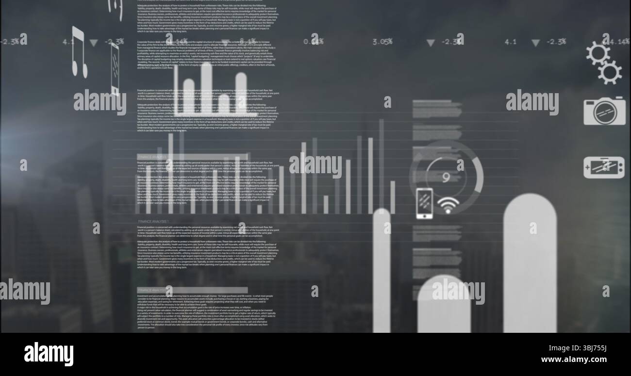 Displaying data overlay over blurred city skyline, with white bar charts, progress chart and ...