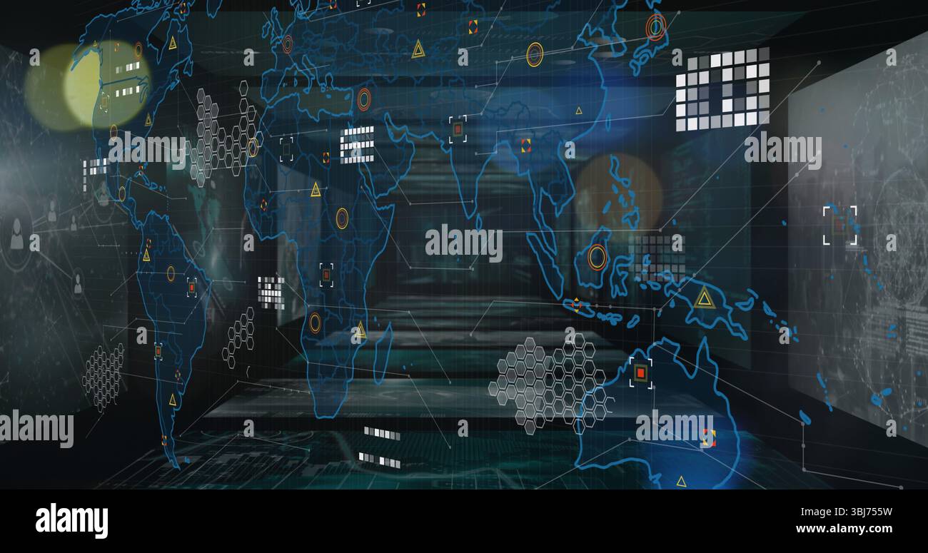 Displaying holographic world map projection filling control hub corridor, with hexagonal ...