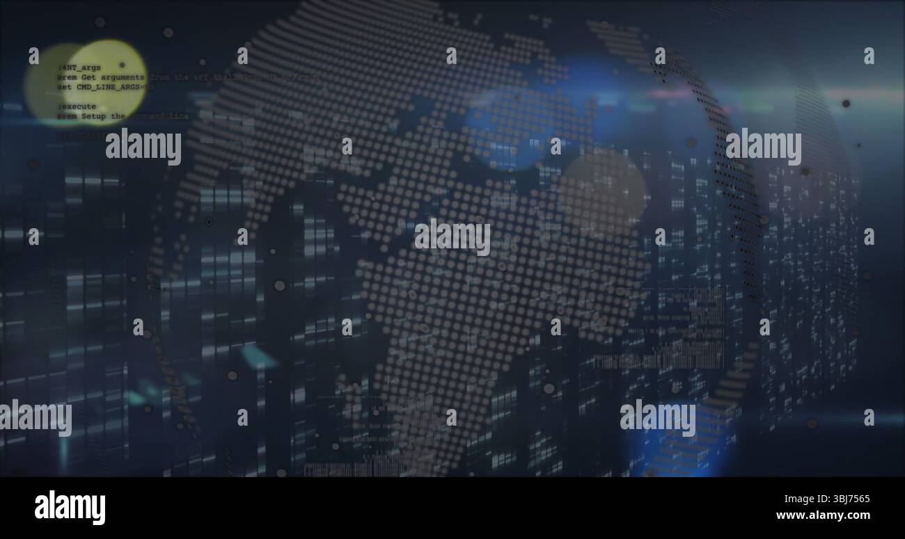 Rotating 3D globe displaying dotted world map in virtual data space, with floating code snippets ...