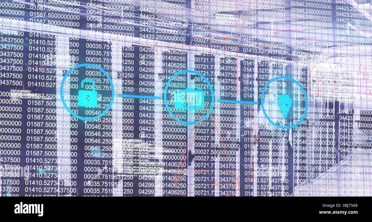 Displaying transparent data grid at cybersecurity center, with padlock ...