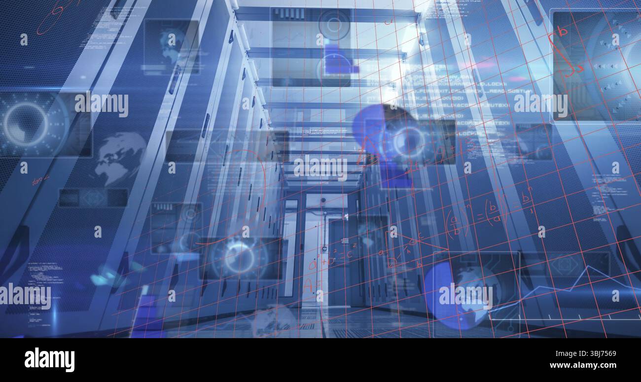 Showcasing data center corridor featuring server racks and floating ...