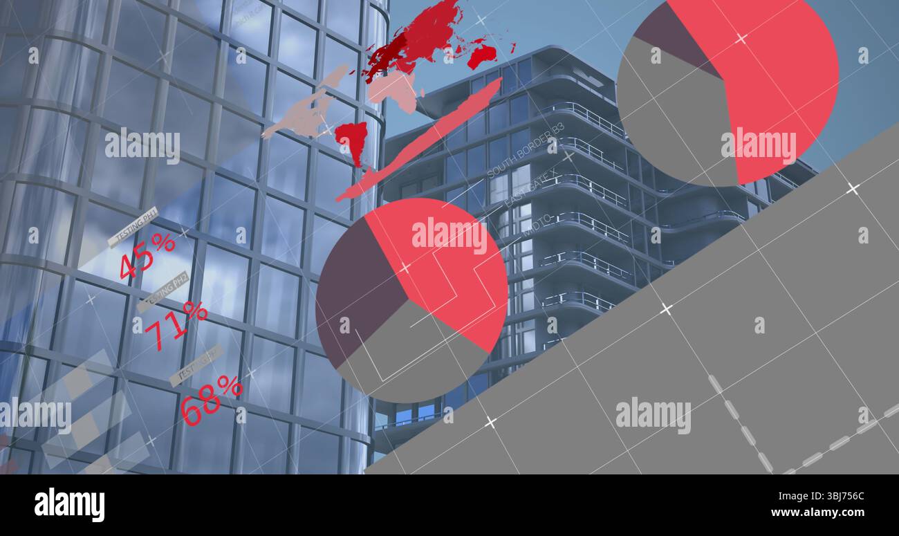 Displaying two red grey pie charts overlaying business district, with ...