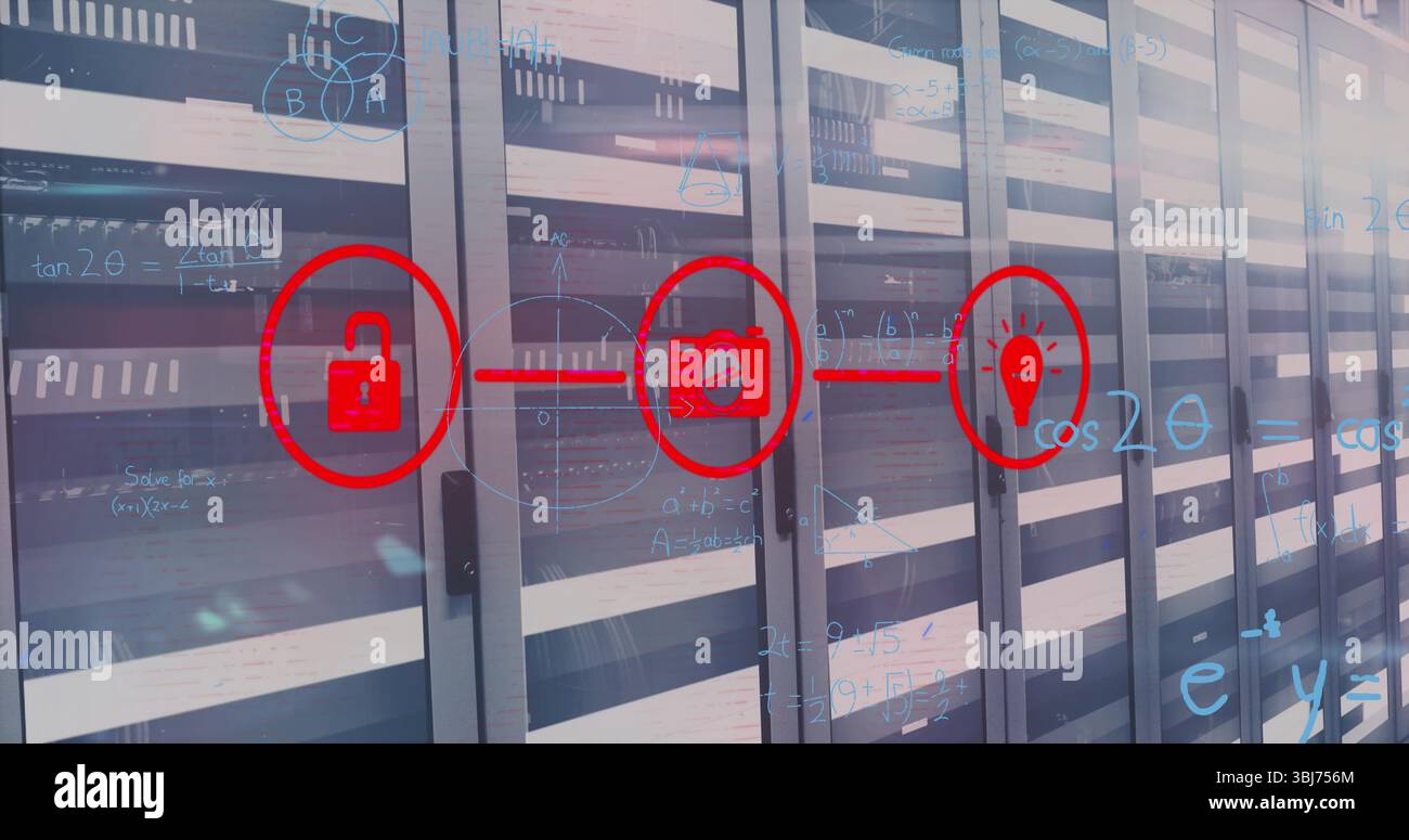 Connecting red security icons by red line over server rack cabinets in ...