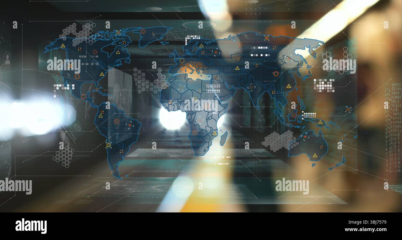 Displaying digital world map projection on glass corridor wall, with ...
