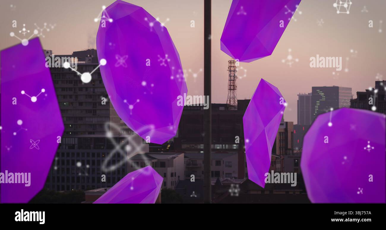 Floating purple crystals hovering at city rooftop, with constellation ...