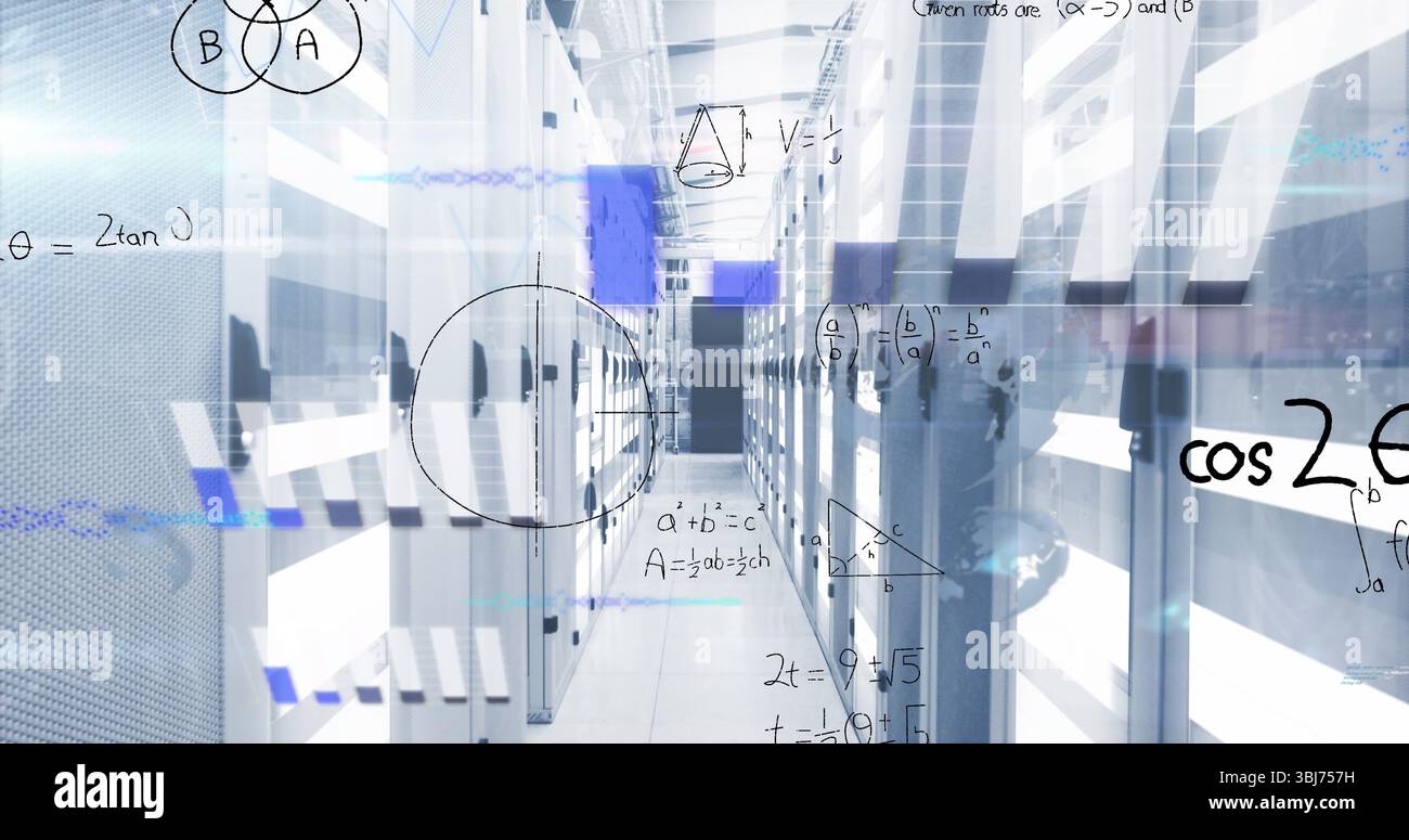Showcasing server racks running in high-tech data center corridor, with floating math symbols ...