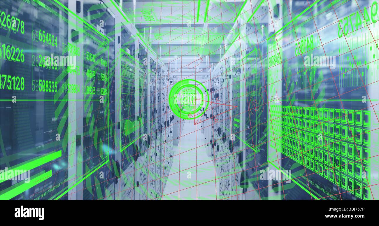 Showing server corridor in data center, glowing with indicator lights ...