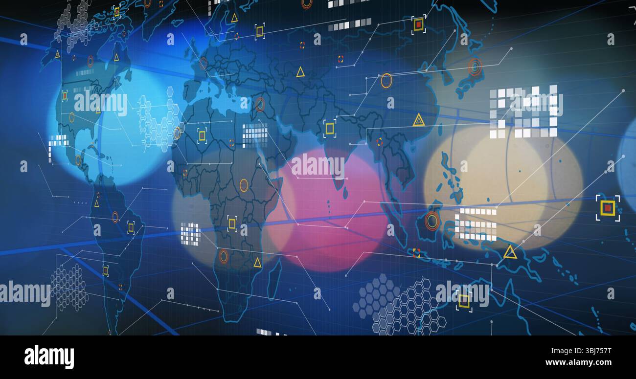 Showing global map in data hub with network lines connecting colored ...