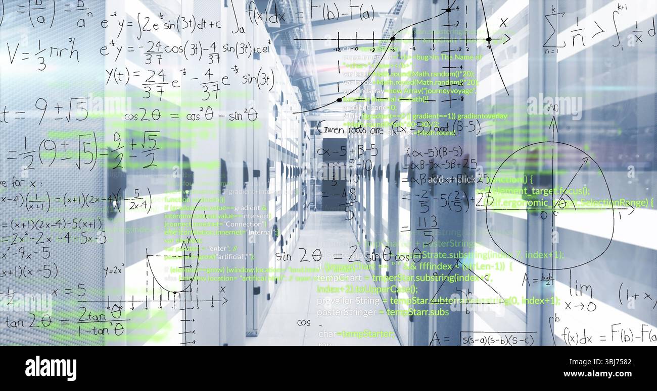 Shining fluorescent fixtures illuminating data center corridor, with ...