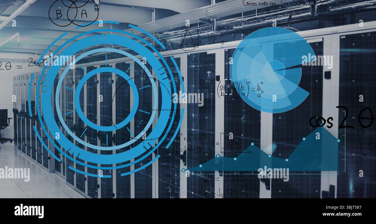 Displaying server racks showing analytics overlays in data center corridor, with data visuals ...