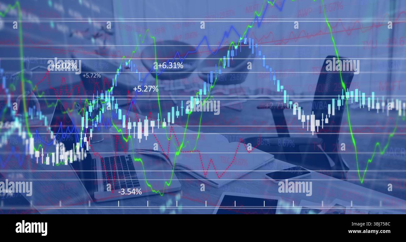 Showing transparent trading chart overlaying desk, with laptop ...