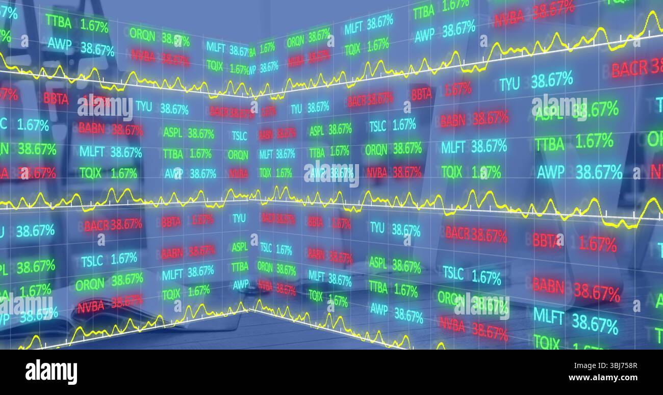 Displaying curved wall of stock market panels at financial data center ...