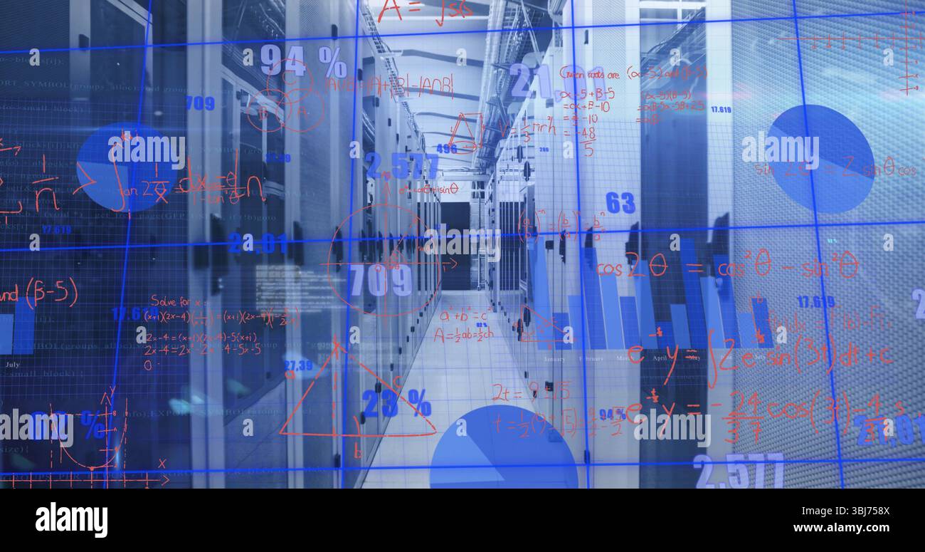 Revealing data center aisle featuring lit server racks, cables, vents, floating analytics ...