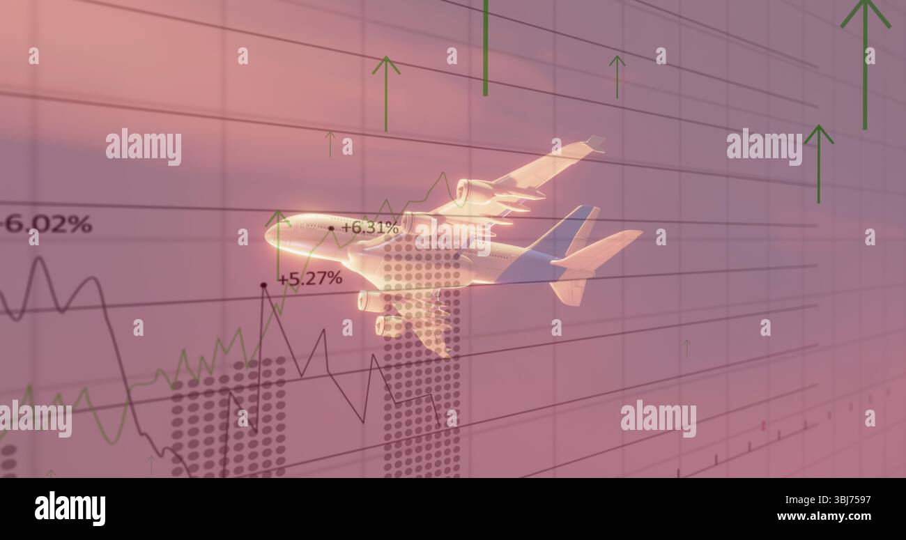 Hovering translucent airplane overlaying chart grid, with line graphs ...