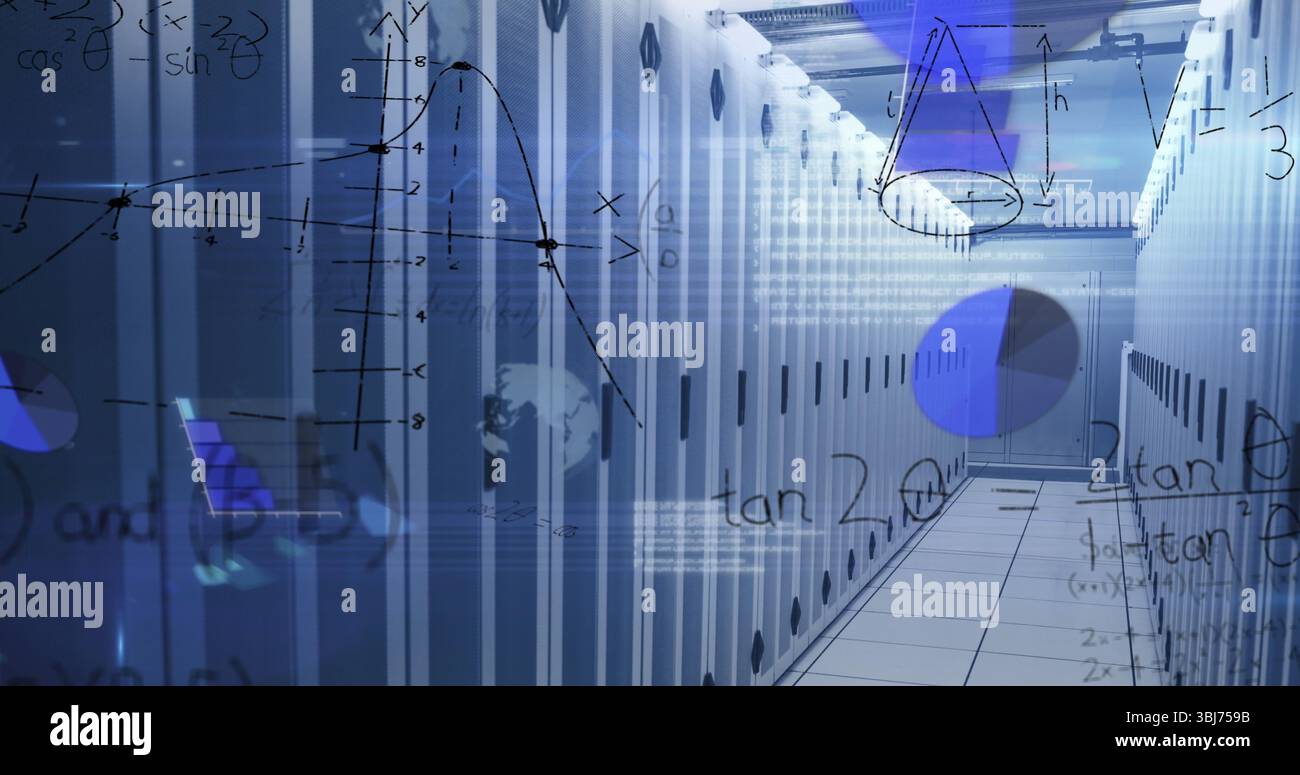 Displaying central server rack corridor in server room, with LED lights and math graph overlays ...