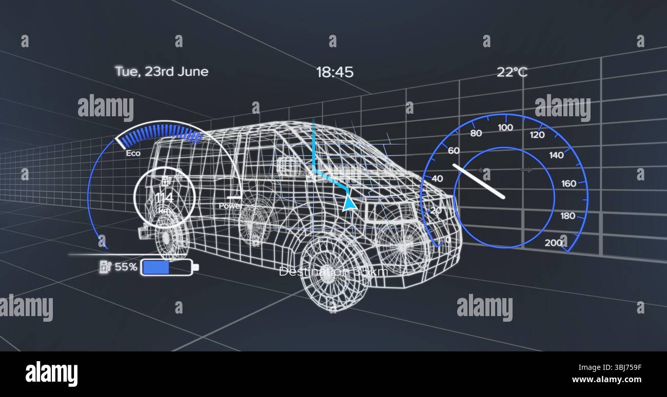 Displaying 3D wireframe van model in digital grid space, with eco-power ...