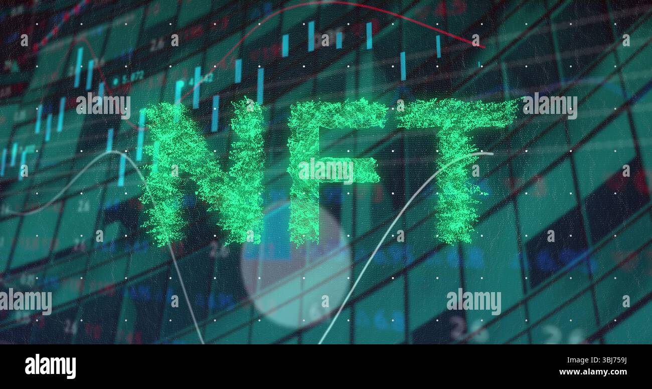 Displaying glowing green NFT text over virtual dashboard, with ...