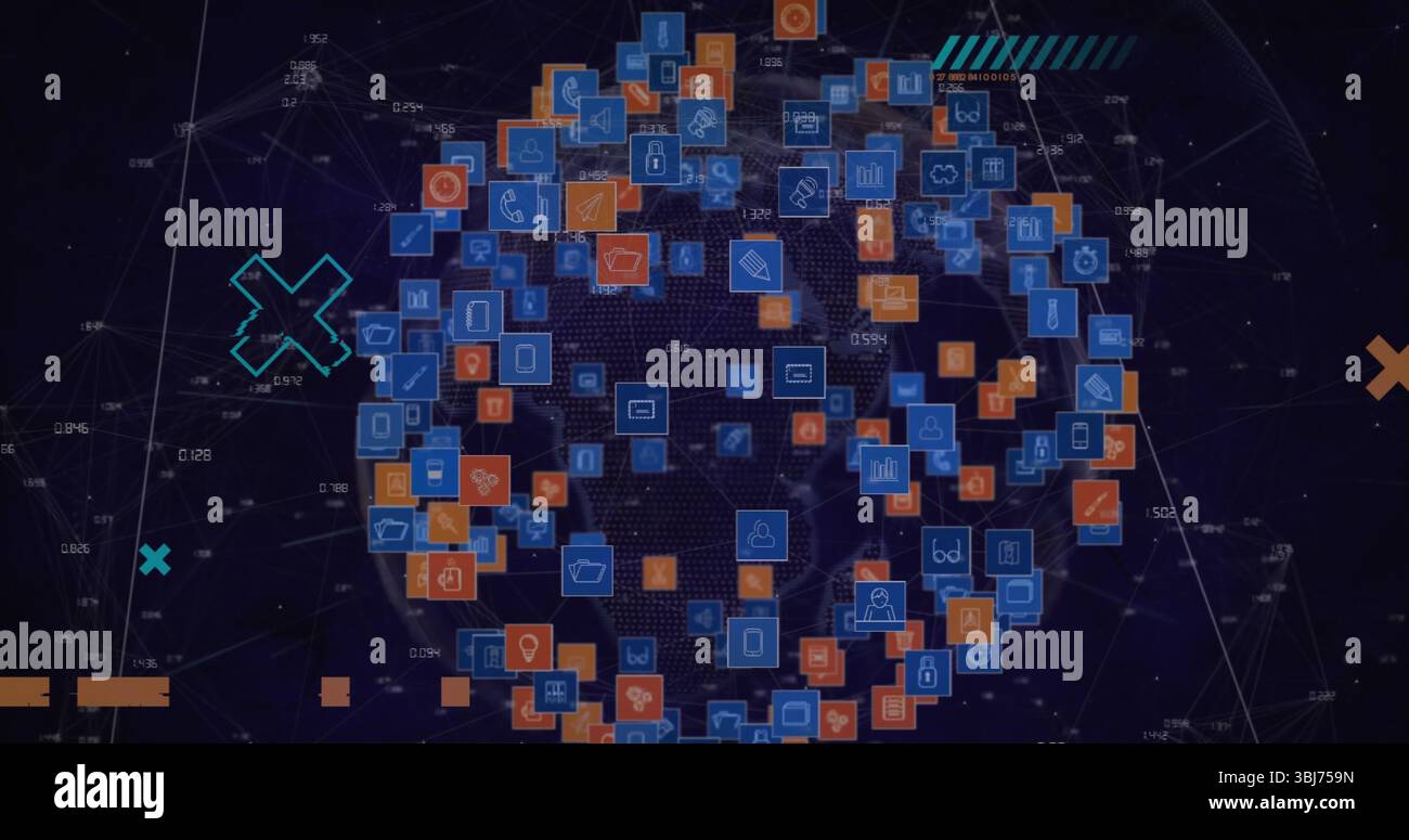 Spinning cluster of blue and orange data icons orbiting globe in ...