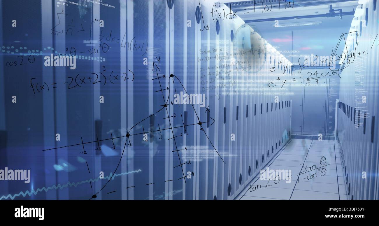 Illuminating data center corridor showing tall server racks and cable ...