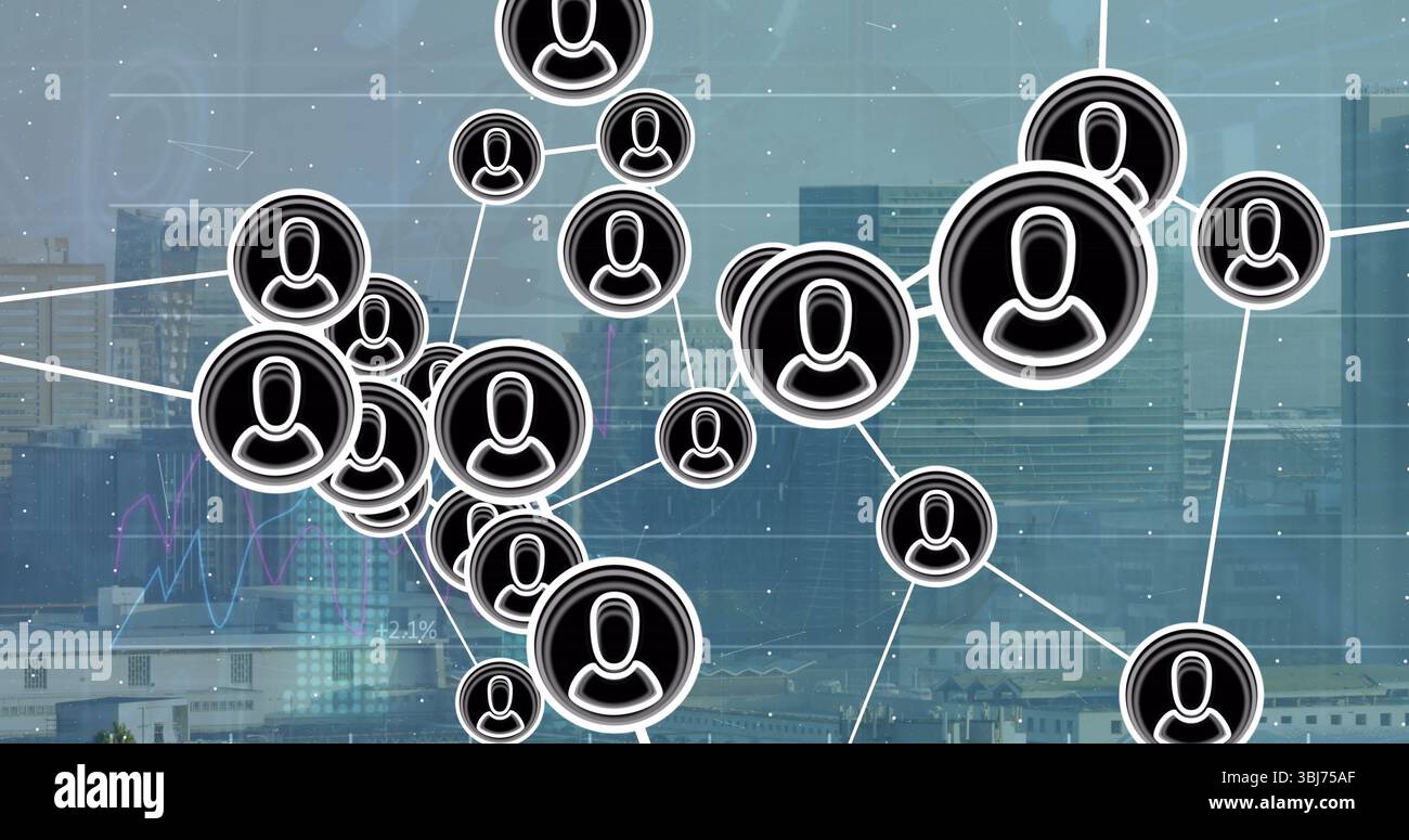 Displaying network of user avatar icons linking over high-rise city ...