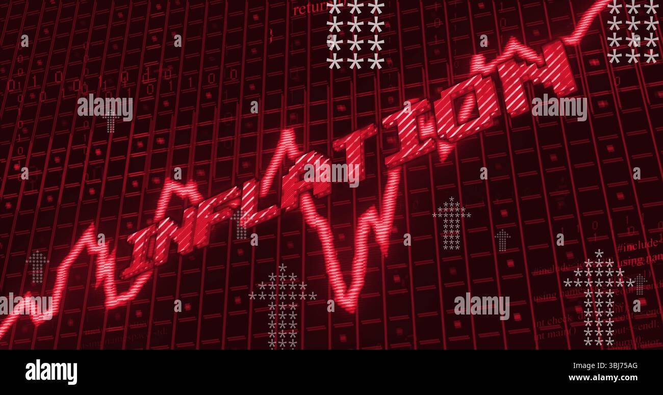 Displaying red jagged line graph morphing into INFLATION on screen, with number grid, ASCII ...