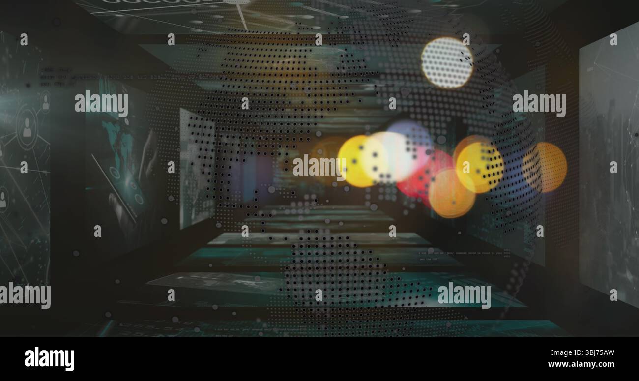 Floating dot-matrix globe hovering in futuristic data tunnel ...