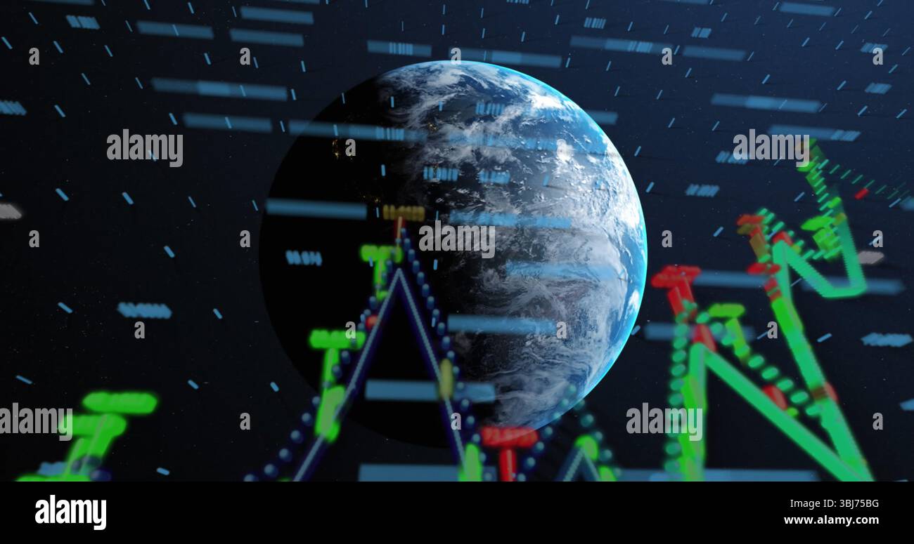 Planet Earth floating in space, with neon green-red line graphs and light-blue code streaks ...