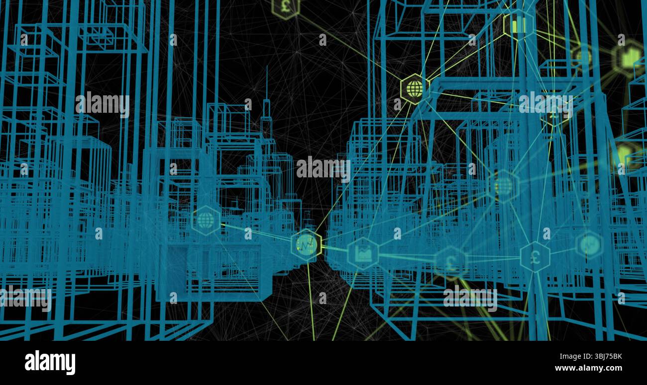 Wireframe cuboids connecting into digital void with yellow-green lines ...