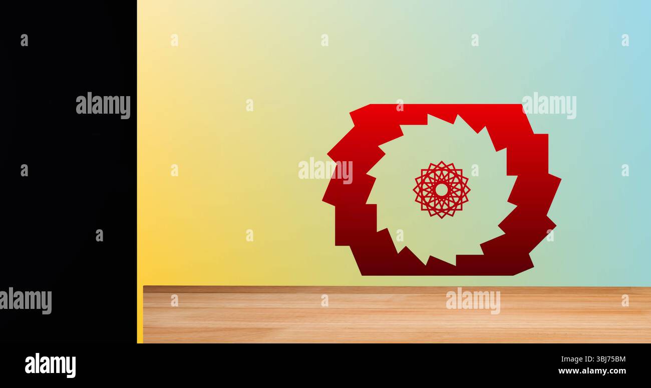 Displaying red jagged-ring artwork with mandala on gradient wall, with ...