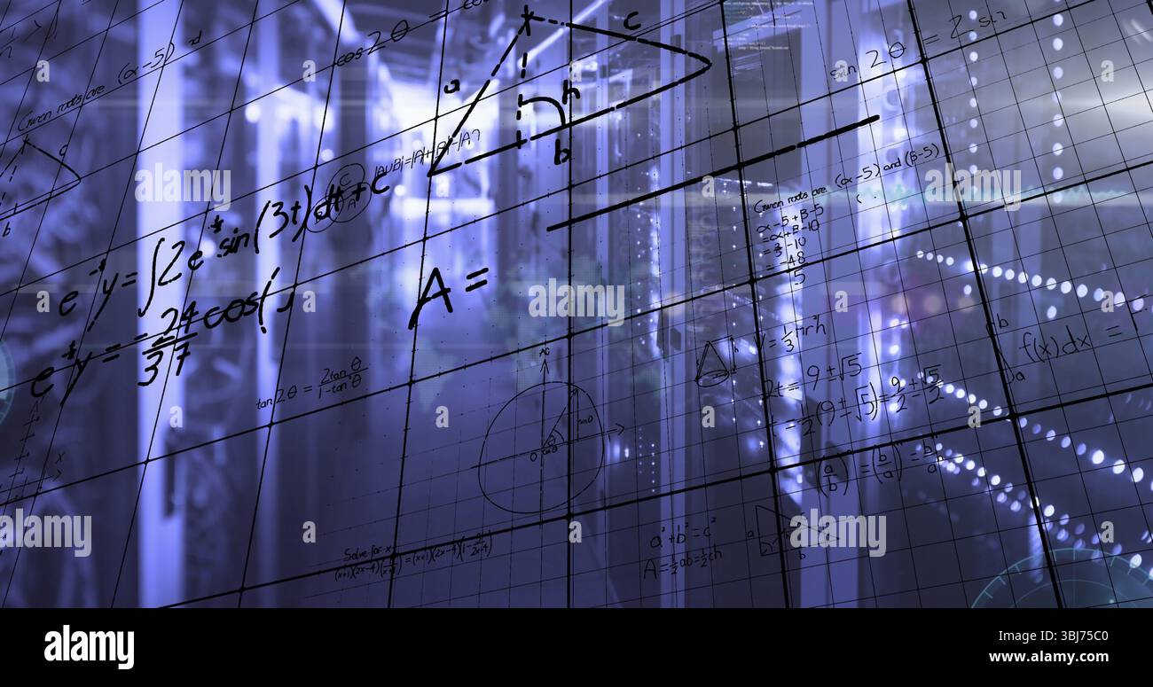 Displaying cluster of server racks featuring LEDs, grid overlay in data center, with math ...